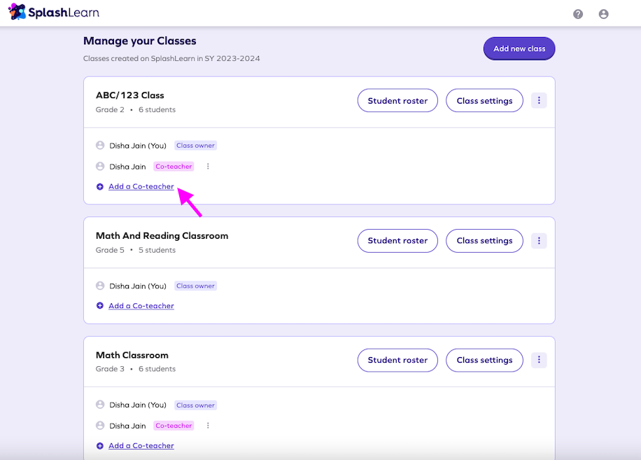 How can a teacher add a co-teacher and transfer the classroom ...