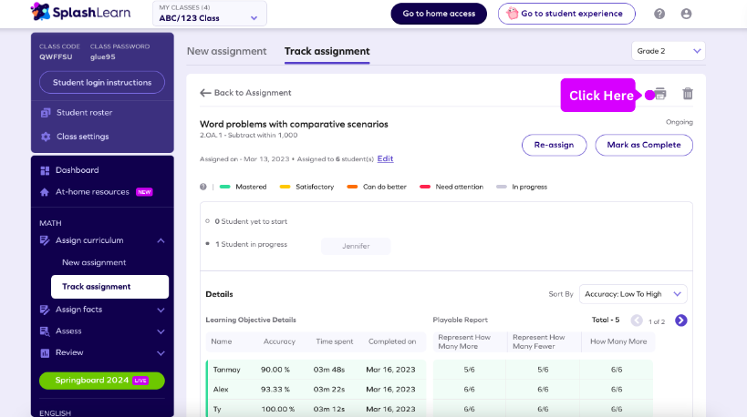 How can teachers track the assigned Math practice? – SplashLearn