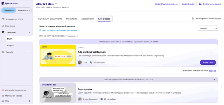 How teachers can refer a Live Class to students? – SplashLearn